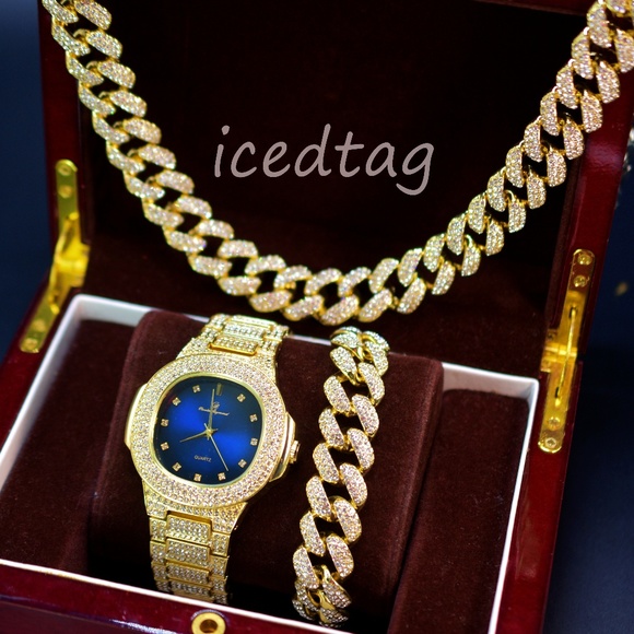 Accessories | Heavy Full Iced Out Necklace Bracelet Watch Set | Poshmark